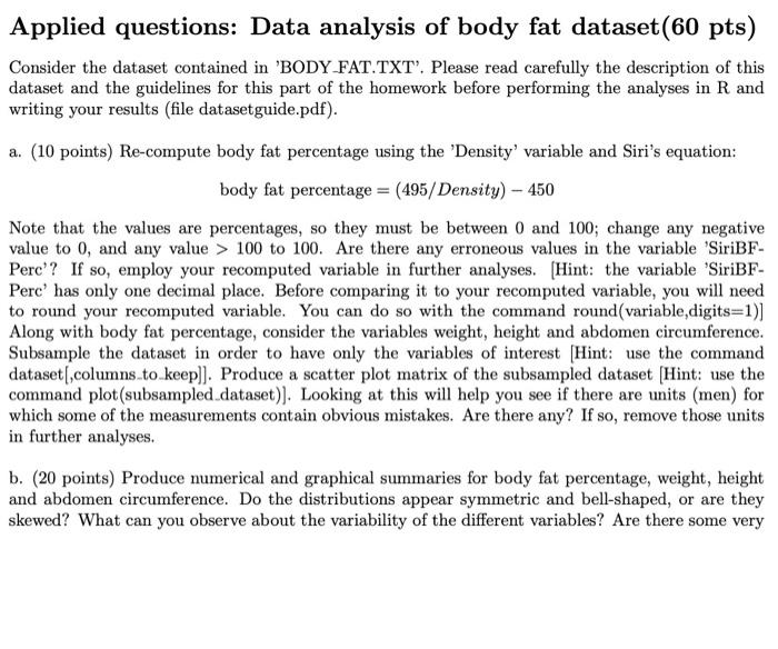 Solved Applied questions: Data analysis of body fat dataset | Chegg.com
