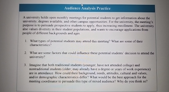 Solved Audience Analysis PracticeA university holds open | Chegg.com