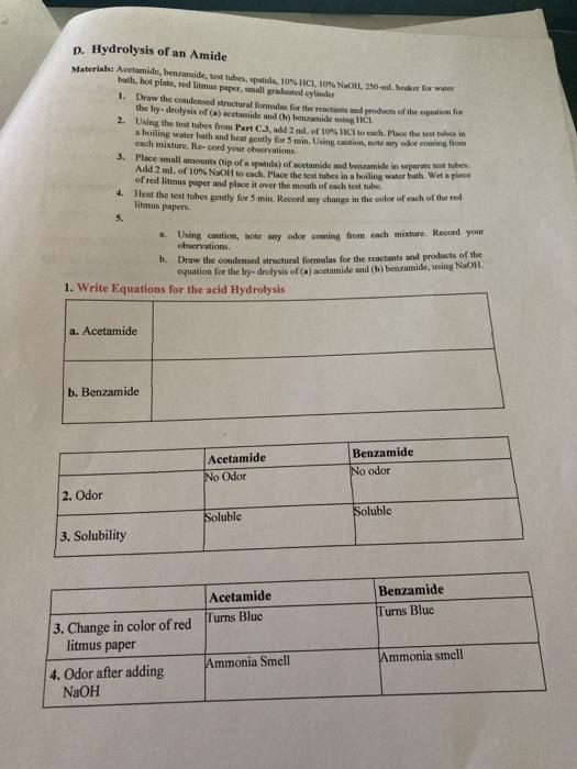 Solved D. Hydrolysis of an Amide Material Acetamide, | Chegg.com
