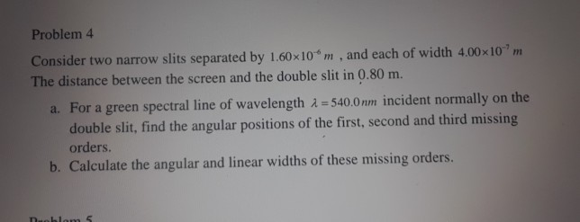 Solved Problem 4 Consider two narrow slits separated by | Chegg.com
