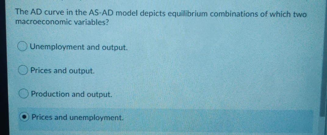 Solved The AD curve in the AS-AD model depicts equilibrium | Chegg.com