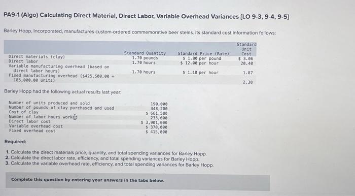 Solved PA9-1 (Algo) Calculating Direct Material, Direct | Chegg.com