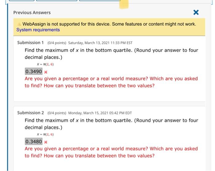 Solved Previous Answers Х WebAssign is not supported for | Chegg.com
