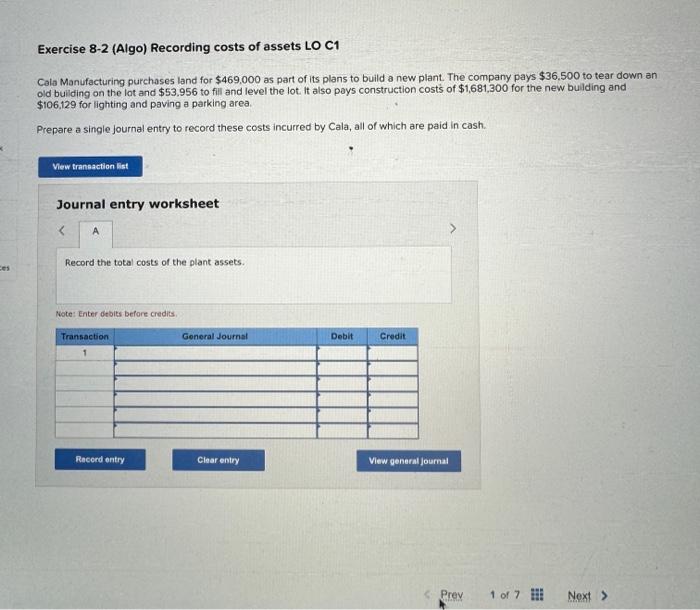 Solved Exercise 8-2 (Algo) Recording costs of assets LO C1 | Chegg.com