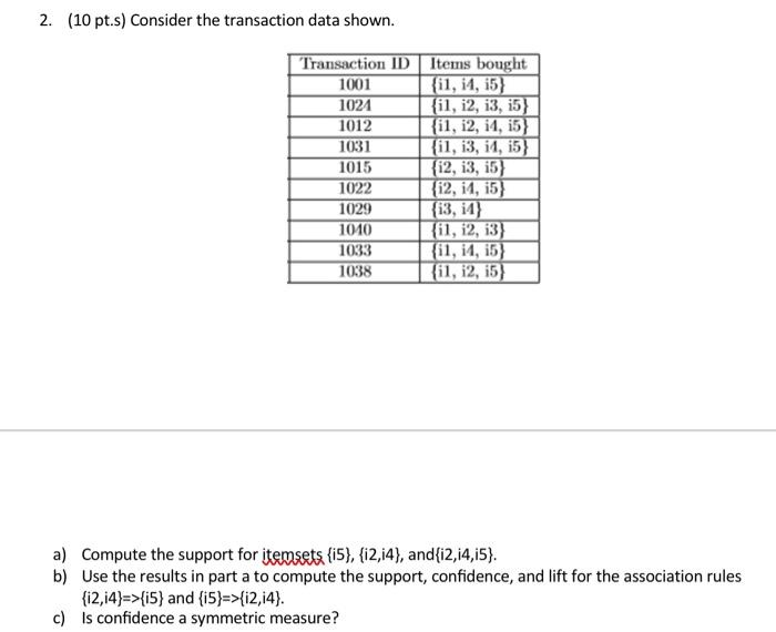 Solved 2 10 Pt S Consider The Transaction Data Shown A