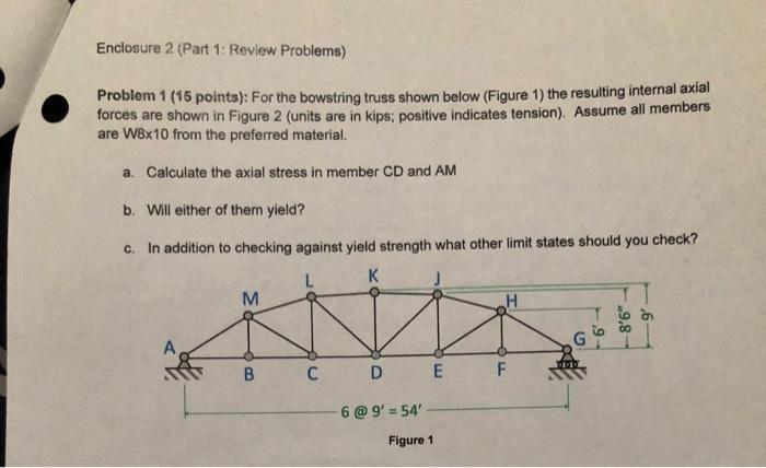Problem 1 (15 points): For the bowstring truss shown | Chegg.com