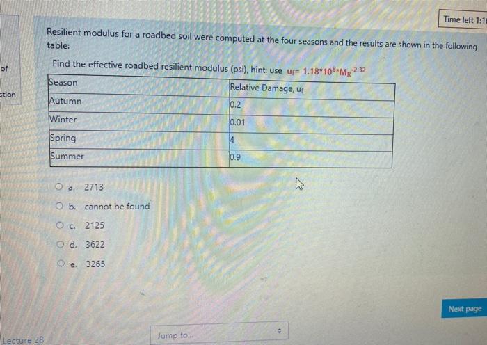 Solved Time left 1:10 Resilient modulus for a roadbed soil | Chegg.com
