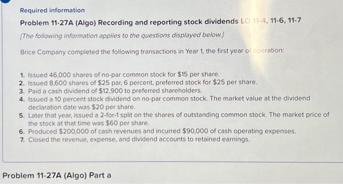Solved Required information Problem 11-27A (Algo) Recording | Chegg.com