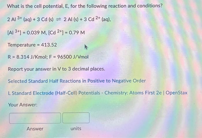 Solved What is the cell potential, E, for the following | Chegg.com