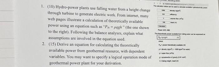 Solved 1. (10) Hydro-power plants use falling water from a | Chegg.com