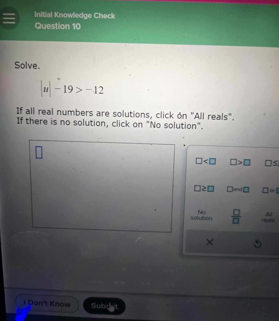 Solved Initial Knowledge CheckQuestion 10Solve.|u|-19>-12If | Chegg.com Solved Initial Knowledge CheckQuestion 10Solve.|u|-19>-12If | Chegg.com