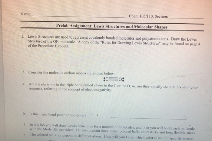 Solved Name: Chem 105/110, Section: Prelab Assignment: Lewis | Chegg.com