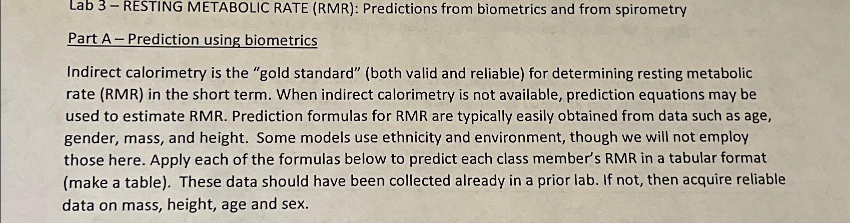 Solved Lab 3-RESTING METABOLIC RATE (RMR): Predictions from | Chegg.com
