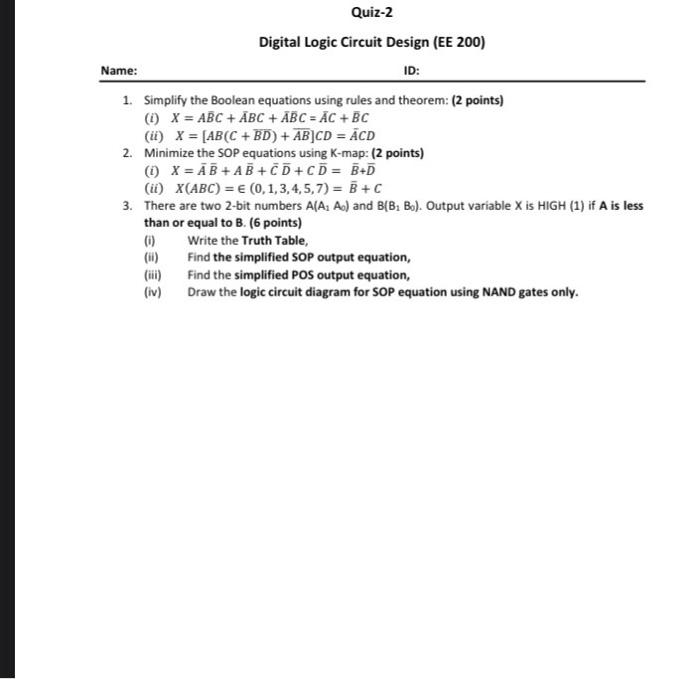 Solved TOOO H 211 213701 Quiz-2 Digital Logic Circuit Design | Chegg.com