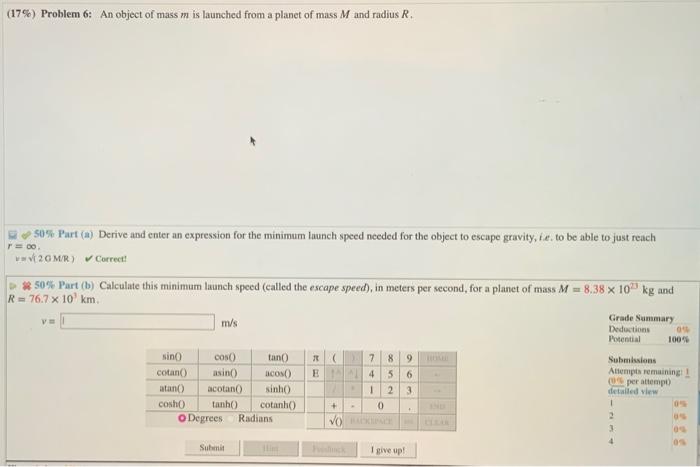 Solved (17\%) Problem 6: An object of mass m is launched | Chegg.com