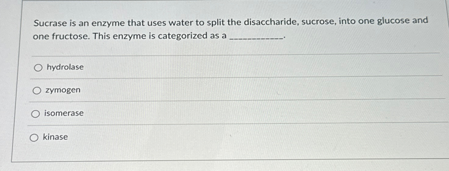 Solved Sucrase is an enzyme that uses water to split the | Chegg.com