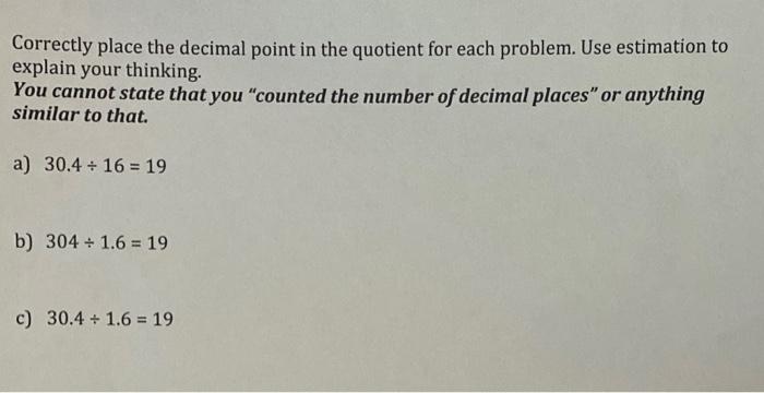 Solved Correctly place the decimal point in the quotient for | Chegg.com
