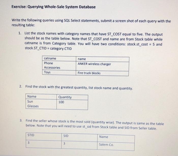 Solved Exercise: Querying Whole-Sale System Database Write | Chegg.com