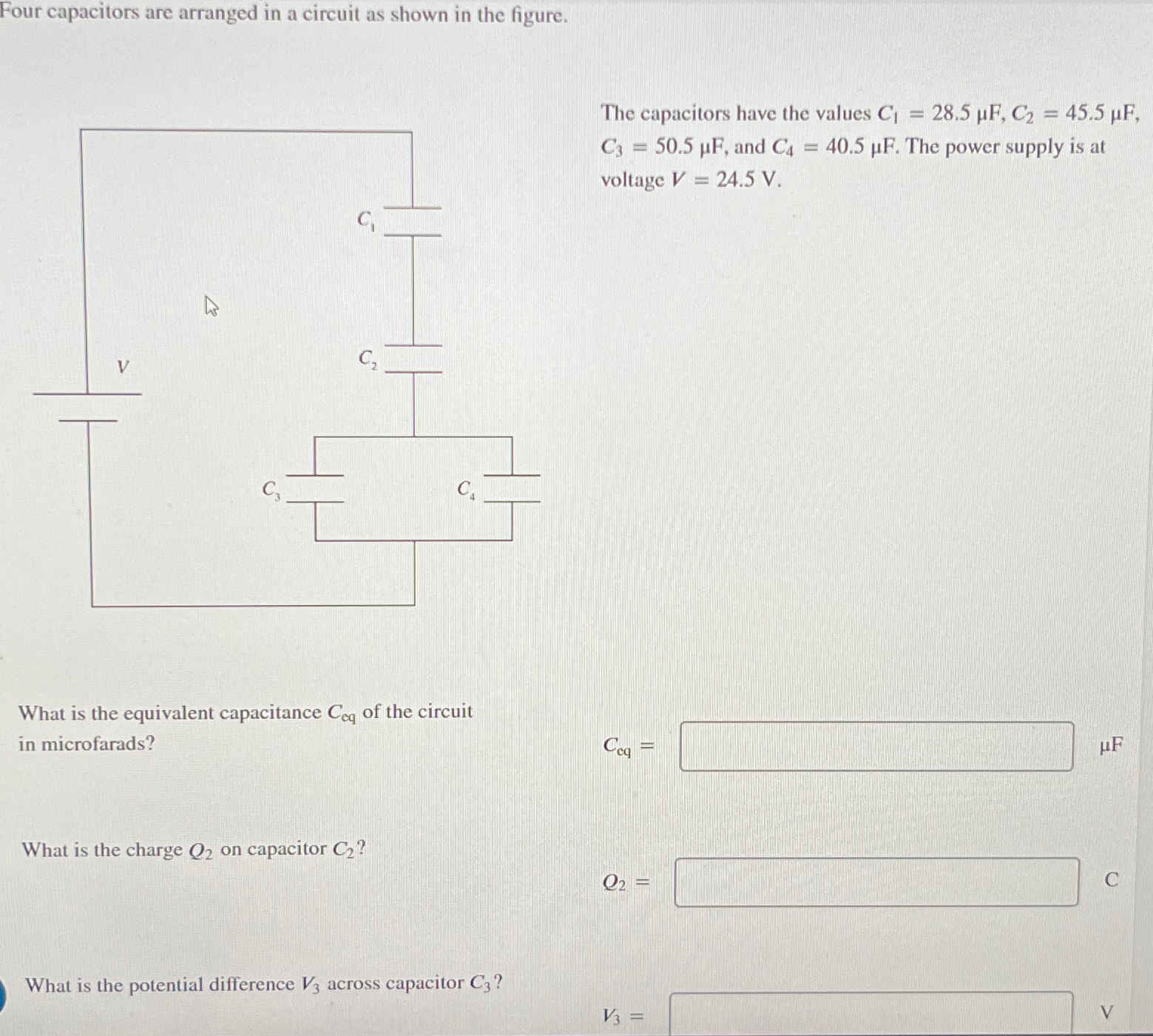 Solved Four capacitors are arranged in a circuit as shown in | Chegg.com