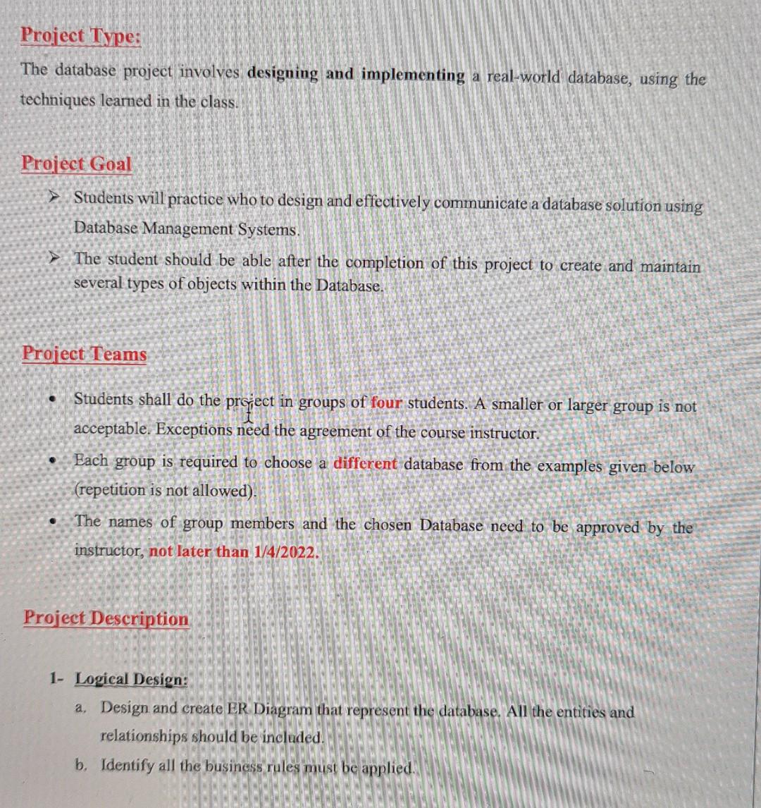 Solved Project Type: The database project involves designing | Chegg.com