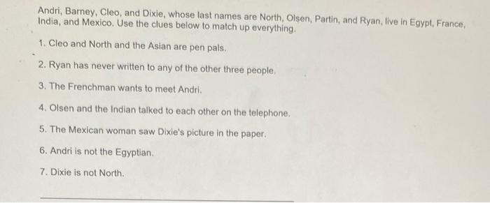 Solved Andri, Barney, Cleo, and Dixie, whose last names are | Chegg.com