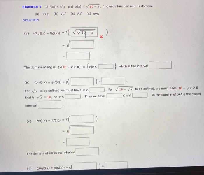 Solved EXAMPLE 7 If f(x) = x and g(x) = 10 - x, find each | Chegg.com