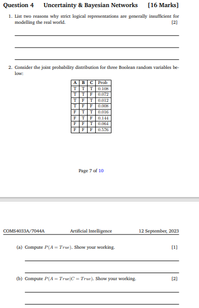 Solved Question 4Uncertainty & Bayesian NetworksList two | Chegg.com