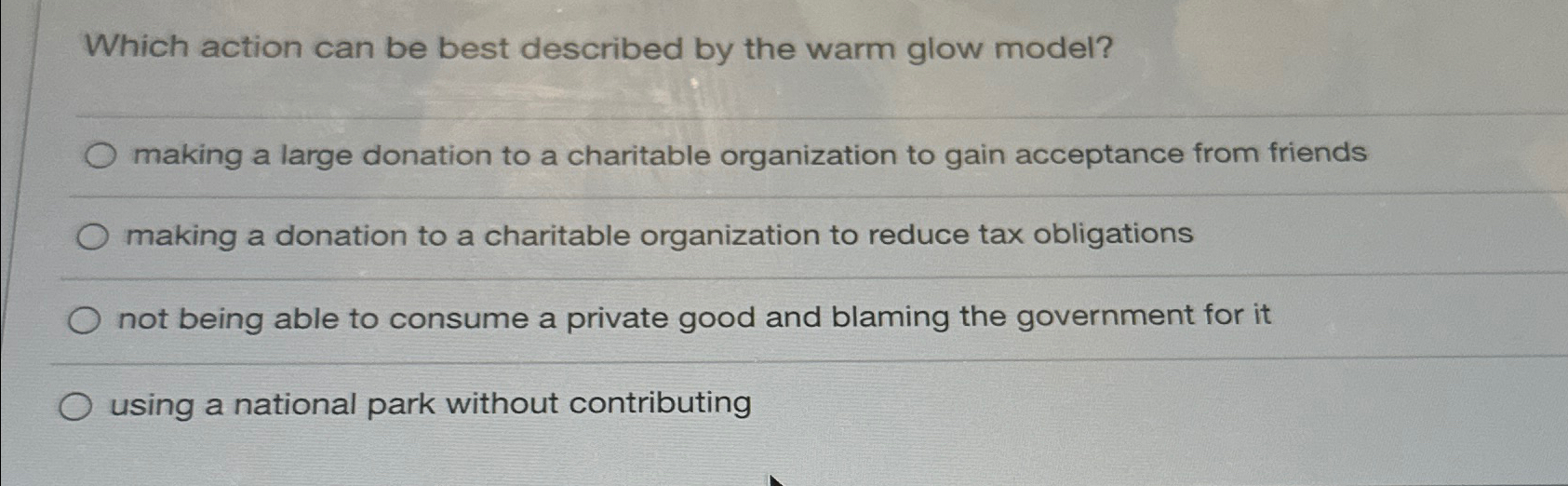 Solved Which action can be best described by the warm glow | Chegg.com