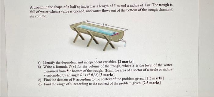 Solved A trough in the shape of a half cylinder has a length | Chegg.com