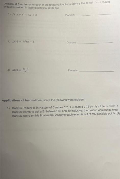 Solved Damaln of functions: for each of the following | Chegg.com