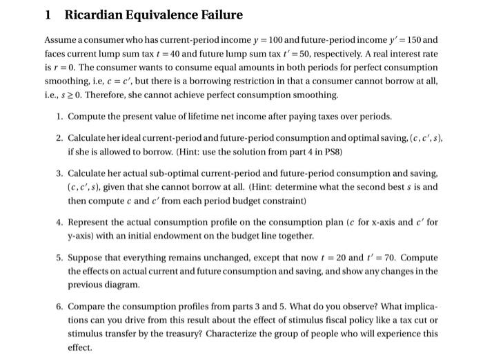 Solved 1 Ricardian Equivalence Failure Assume a consumer who | Chegg.com