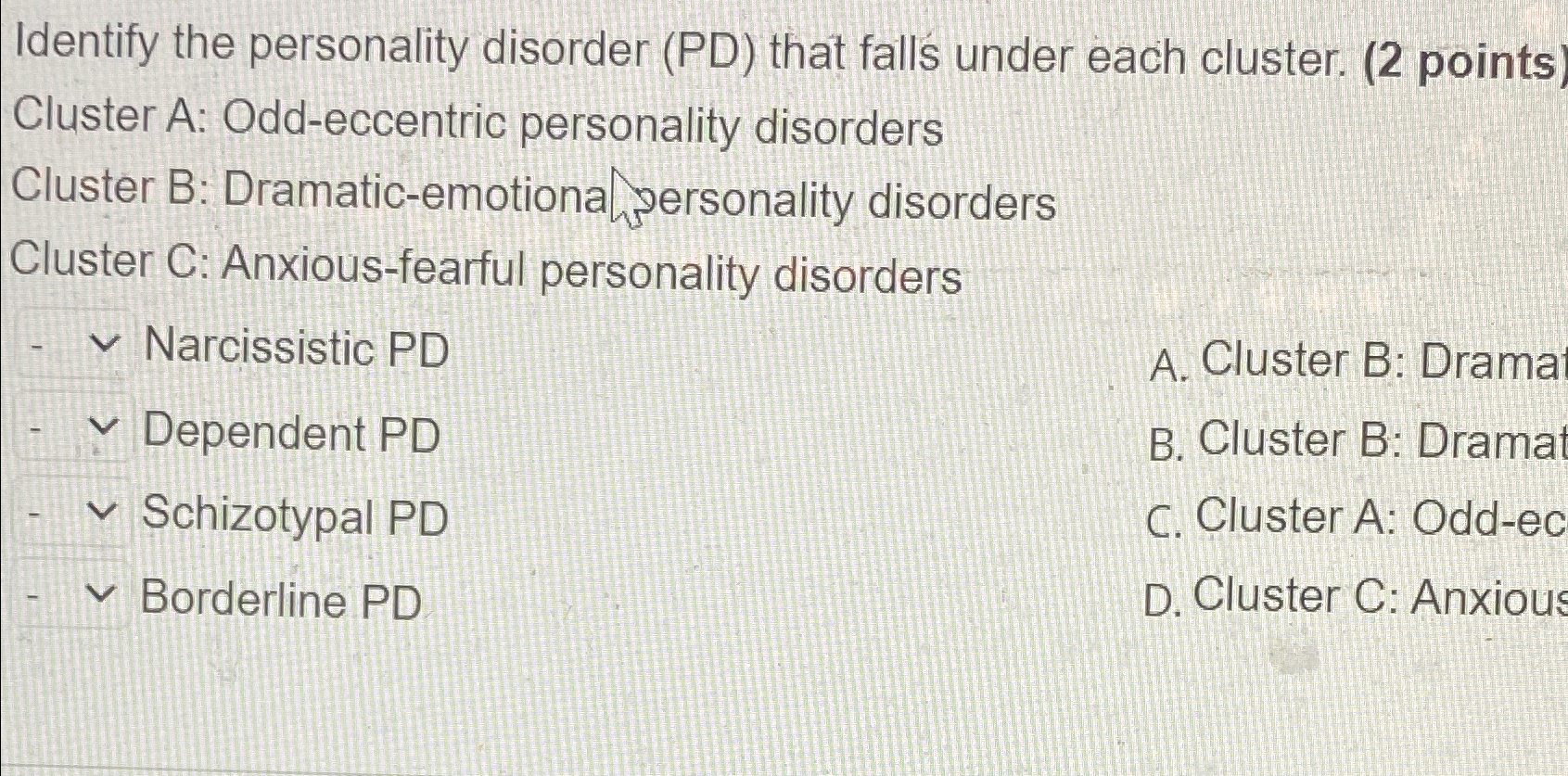 Solved Identify the personality disorder (PD) ﻿that fall's | Chegg.com