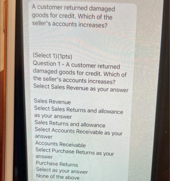 Solved A customer returned damaged goods for credit. Which | Chegg.com