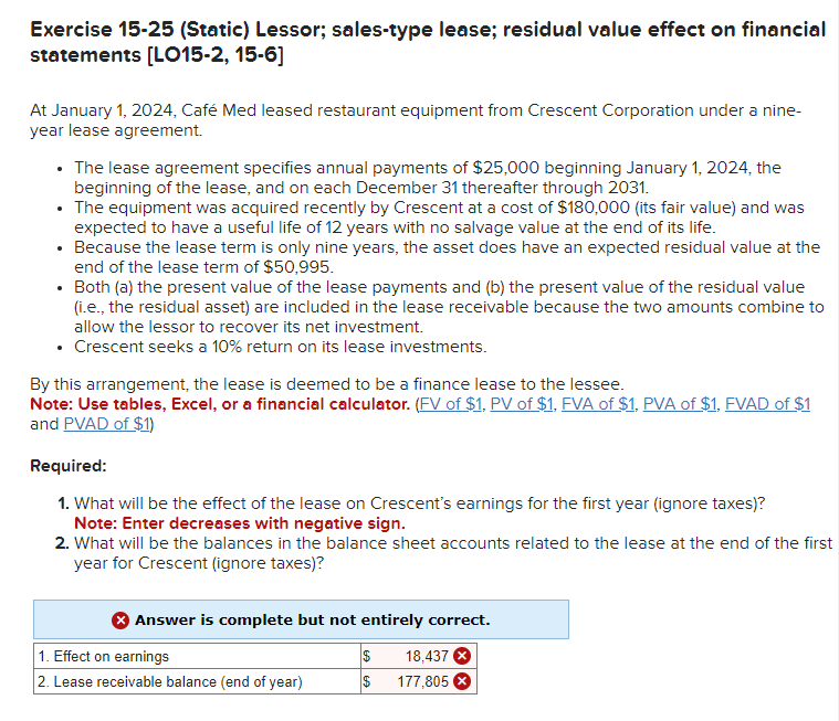Solved Exercise 15-25 (Static) ﻿Lessor; sales-type lease; | Chegg.com