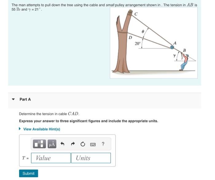 Solved The man attempts to pull down the tree using the | Chegg.com