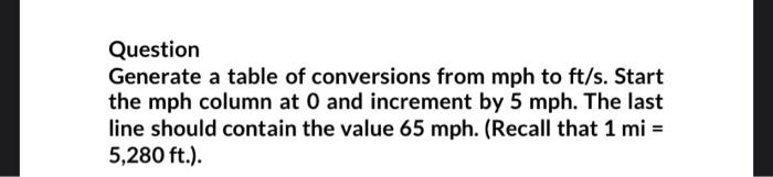 Solved Question Generate a table of conversions from mph to | Chegg.com