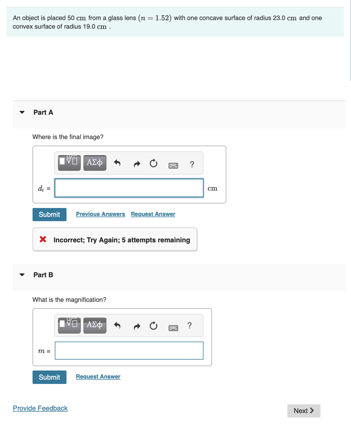 Solved An object is placed 50cm ﻿from a glass lens (n=1.52) | Chegg.com