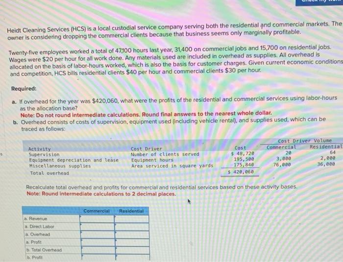 Solved Heidt Cleaning Services (HCS) is a local custodial | Chegg.com