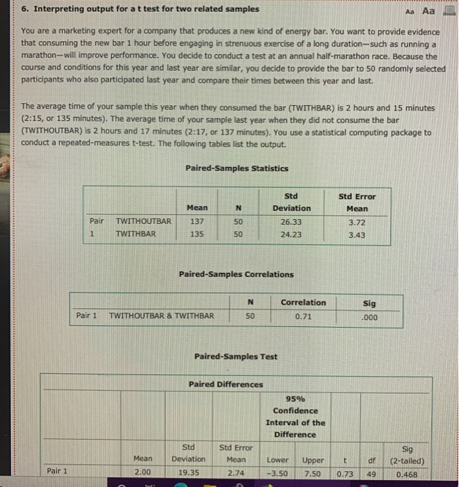 Solved Aa Aa 6. Interpreting output for a t test for two | Chegg.com