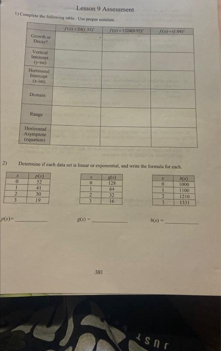 Lesson 9 Assessment 1) Complete the following table, | Chegg.com