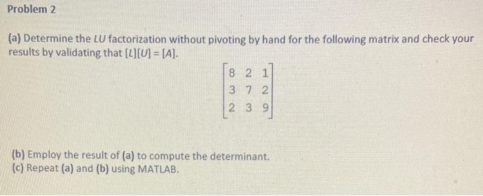 A Determine The Lu Factorization Without Pivoting