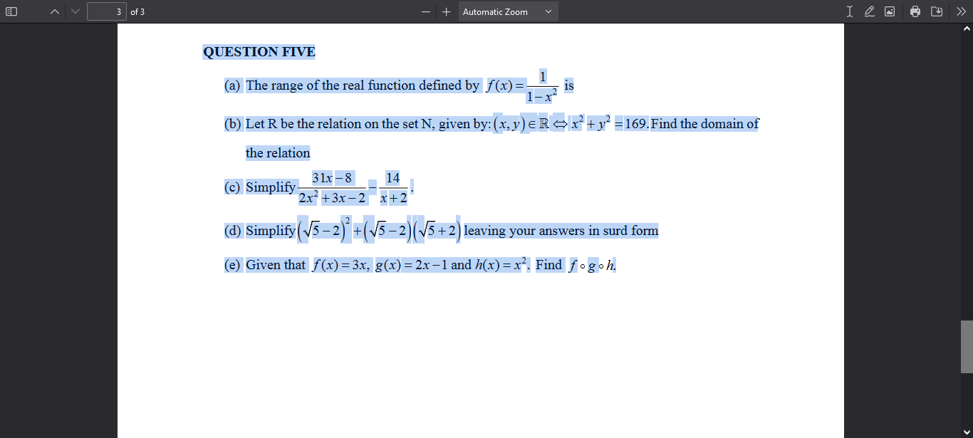 Solved QUESTION FIVE(a) ﻿The range of the real function | Chegg.com