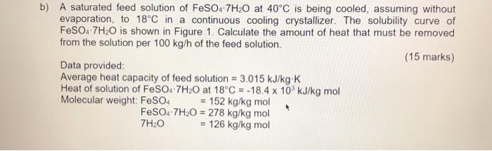 Solved b) A saturated feed solution of FeSO47H20 at 40°C is | Chegg.com