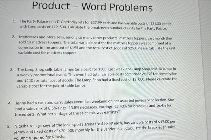 Solved Product - Word Problems 1 The Party Palace sells DIY | Chegg.com