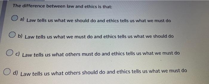 Solved The difference between law and ethics is that: a) Law | Chegg.com