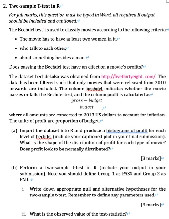 2. Two-sample T-test in R For full marks, this | Chegg.com