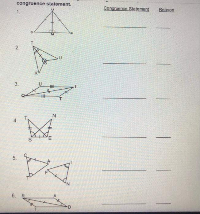Solved congruence statement. 1. Congruence Statement Reason | Chegg.com