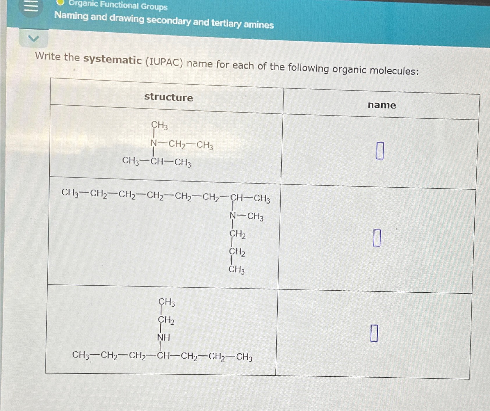 Solved Organic Functional GroupsNaming and drawing secondary | Chegg.com