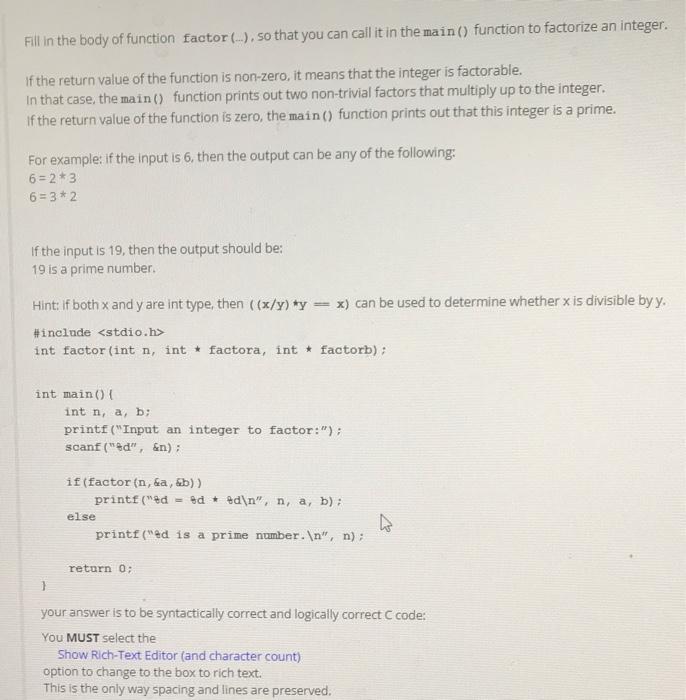 Solved fill in the body of function factor(...) so that you | Chegg.com