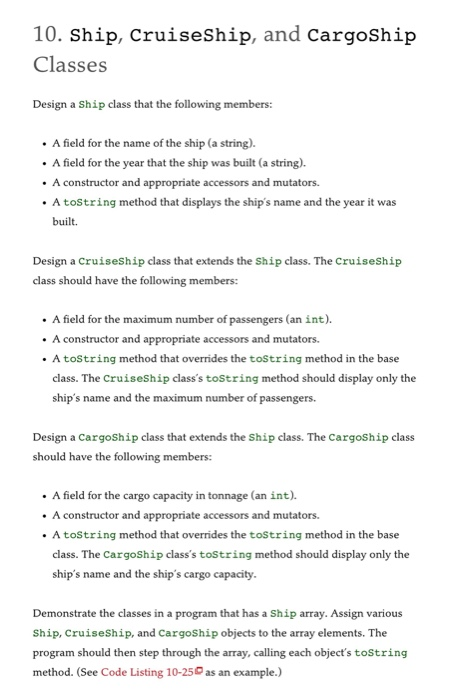 Solved 10. Ship, Cruiseship, and CargoShip Classes Design a | Chegg.com